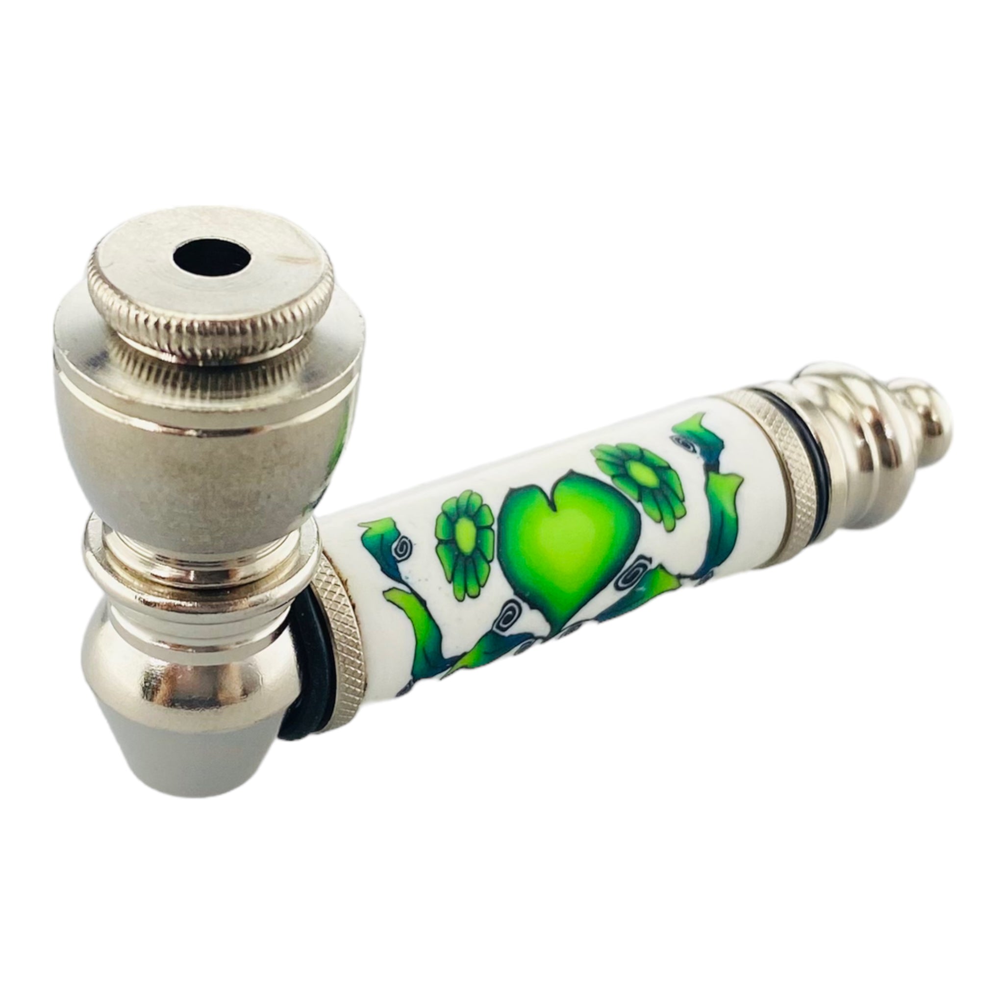 Metal Hand Pipes - Silver Chrome Hand Pipe With Green Heart And Flower