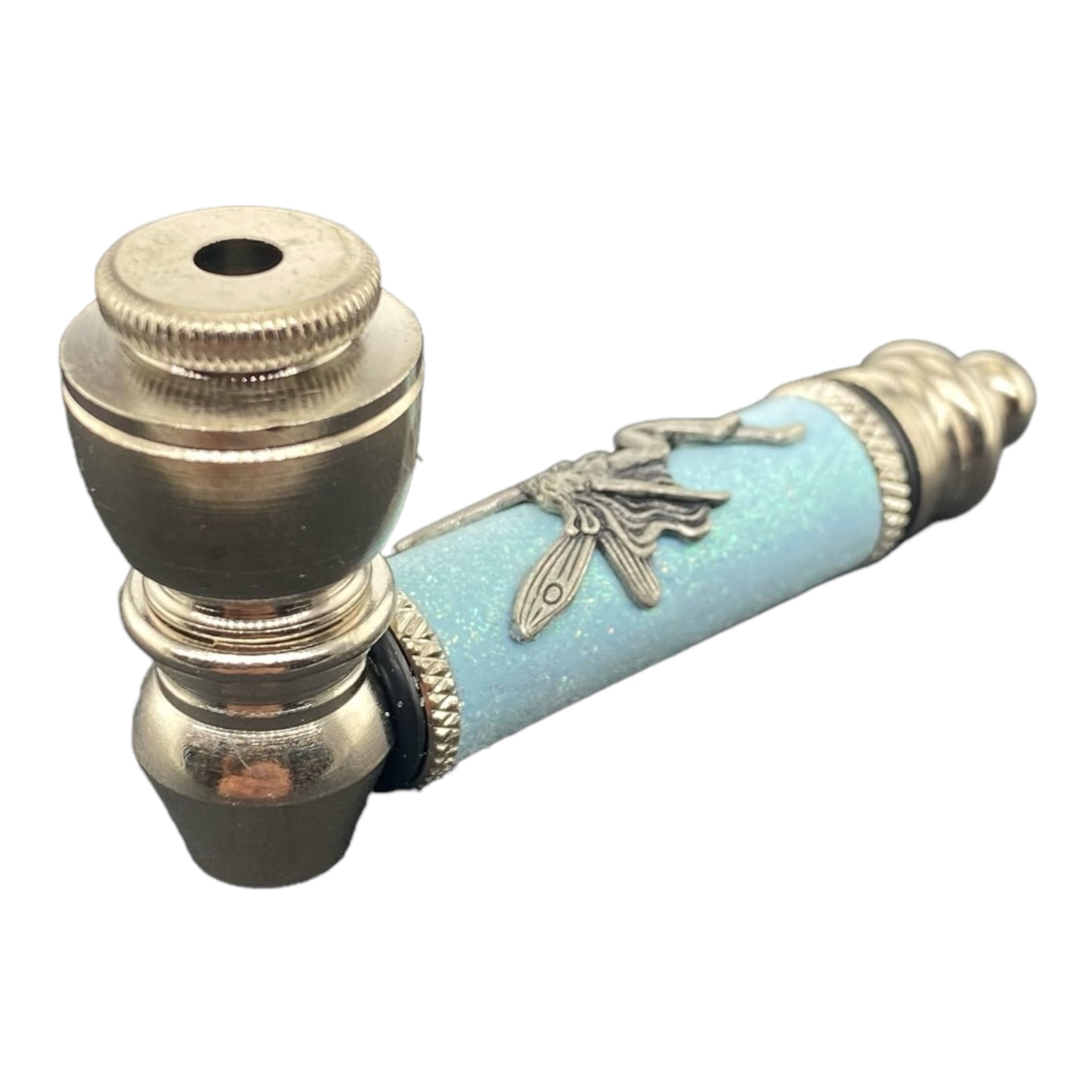 Metal Hand Pipes - Silver Chrome Hand Pipe With Sparkles And Fairy Blu