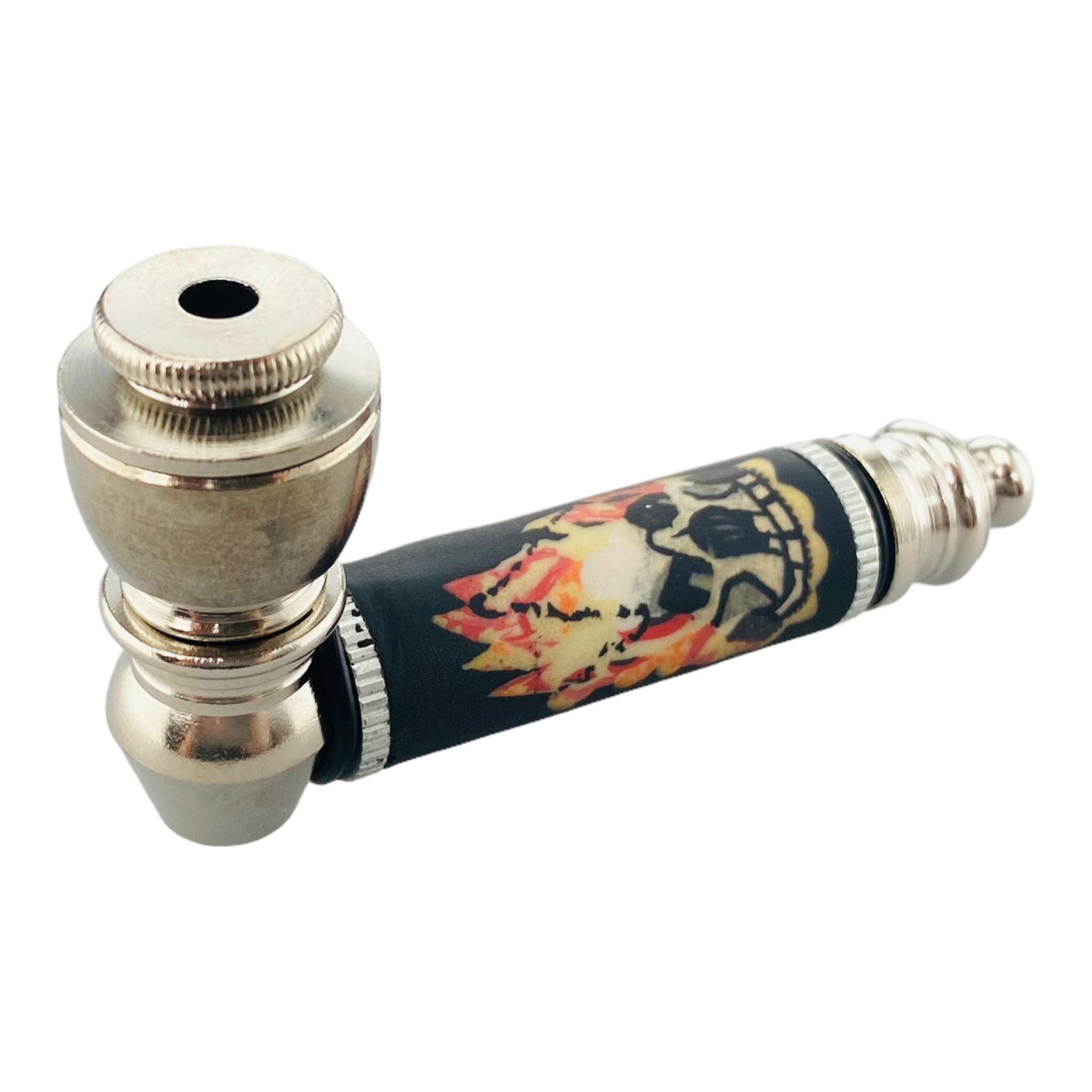 Metal Hand Pipes - Silver Chrome Hand Pipe With Ghost Rider Flaming Sk